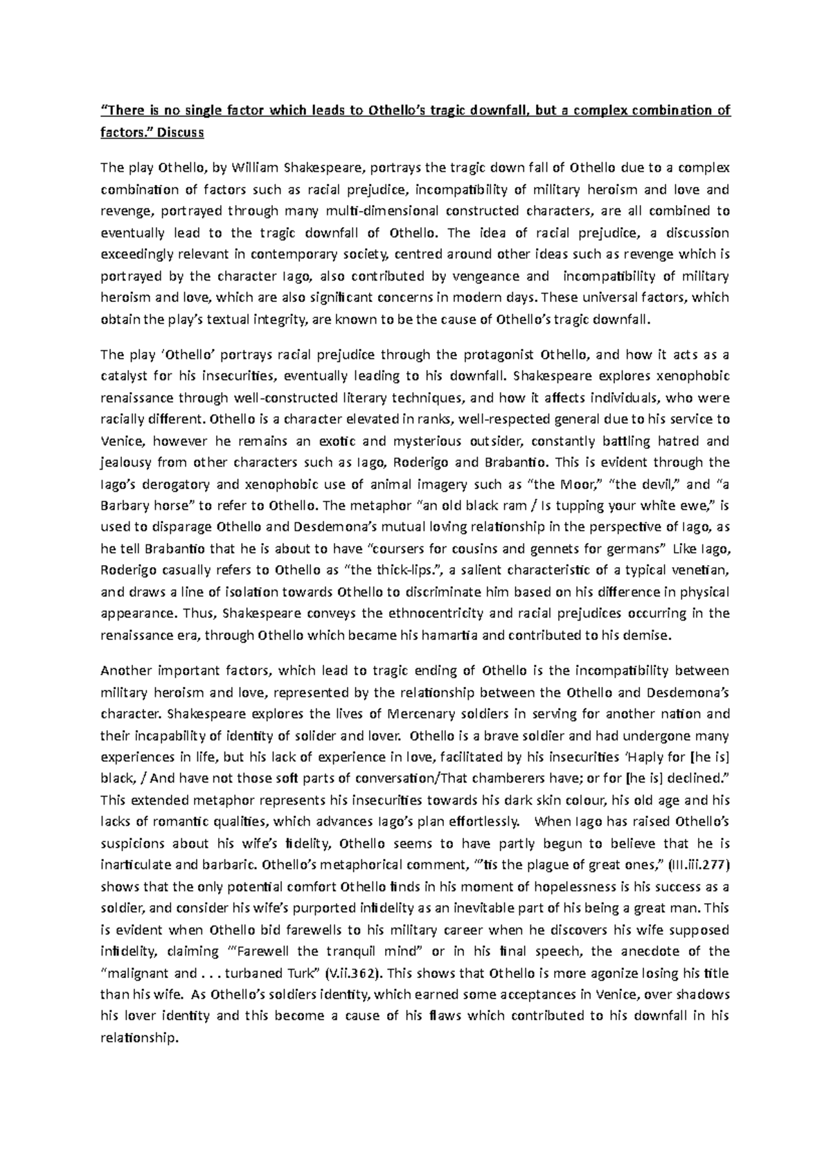 Othello's Tragic Downfall: Analyzing Factors in Shakespeare's Play ...