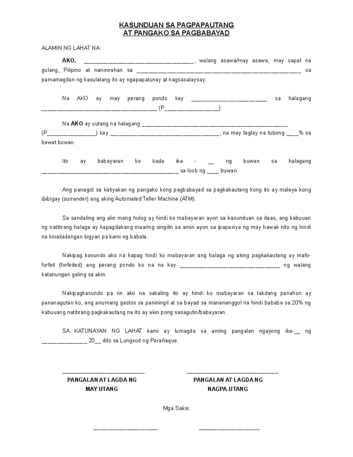 Kasunduan sa Pagpapautang at Pangako sa Pagbabayad (528614209) - Studocu
