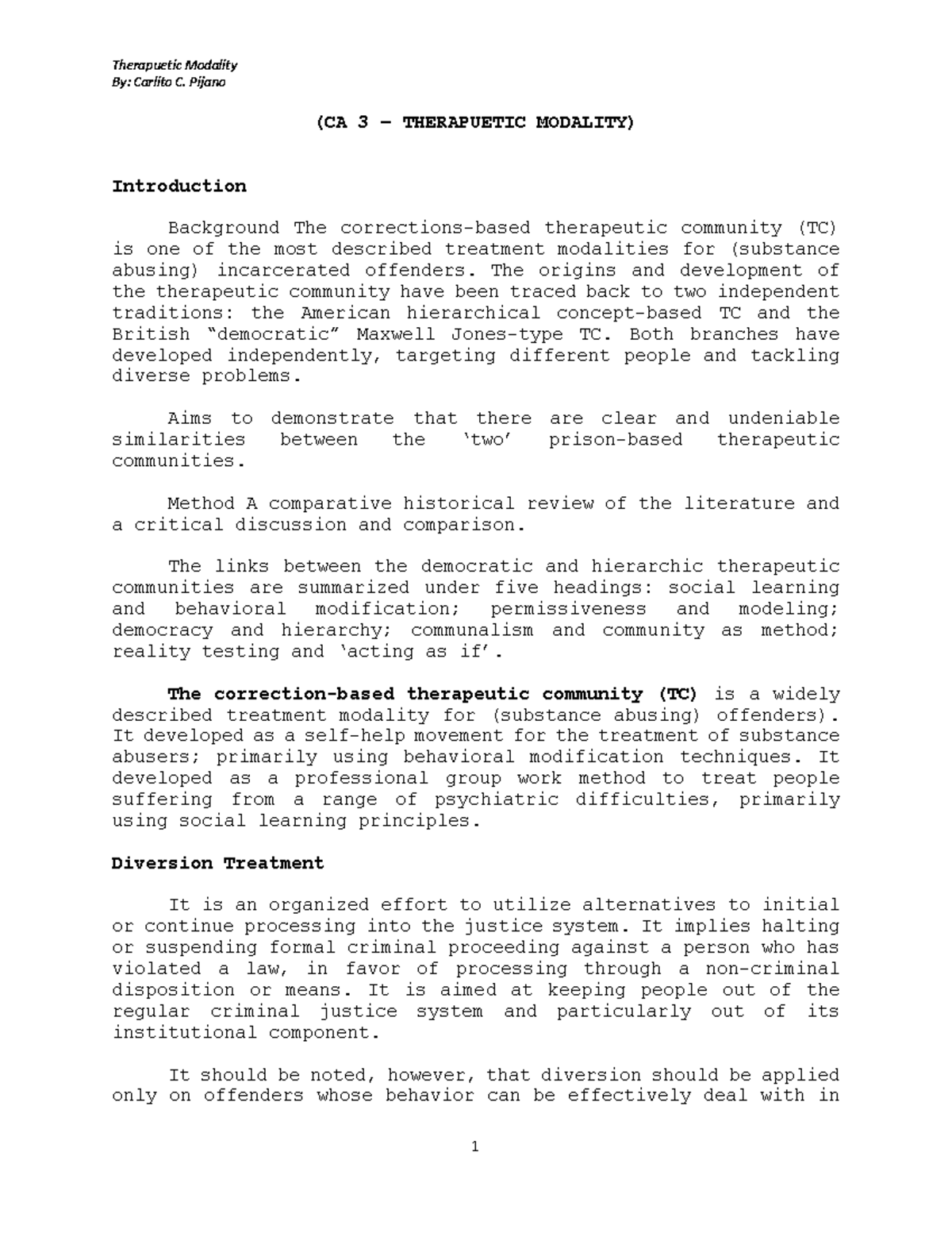 CA3 Final Exam: Exploring Therapeutic Modalities in Corrections - Studocu
