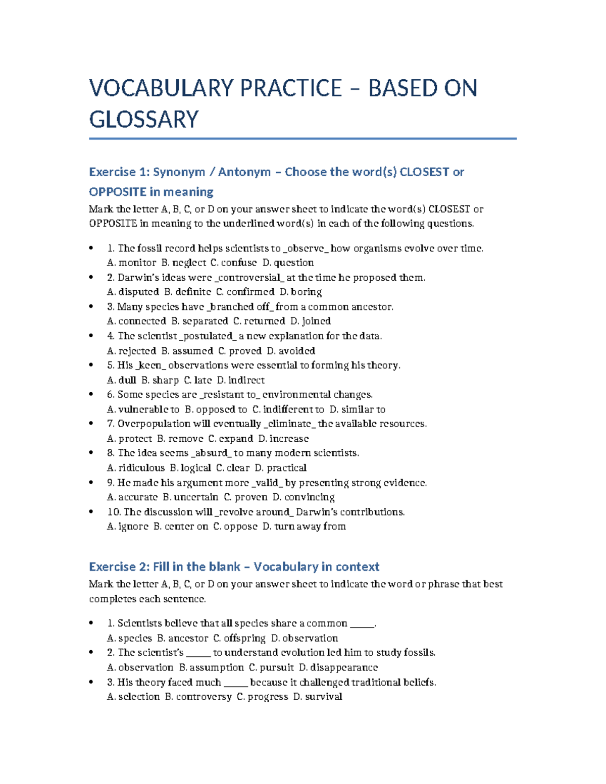 Vocabulary Practice Glossary: Synonyms & Antonyms Exercises - Studocu