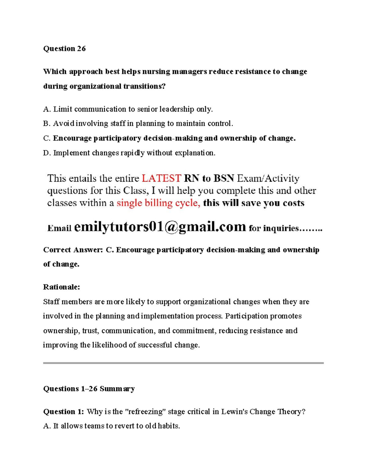 Nurs 4005 Assessment 1 - Exam Questions on Change Management - Studocu
