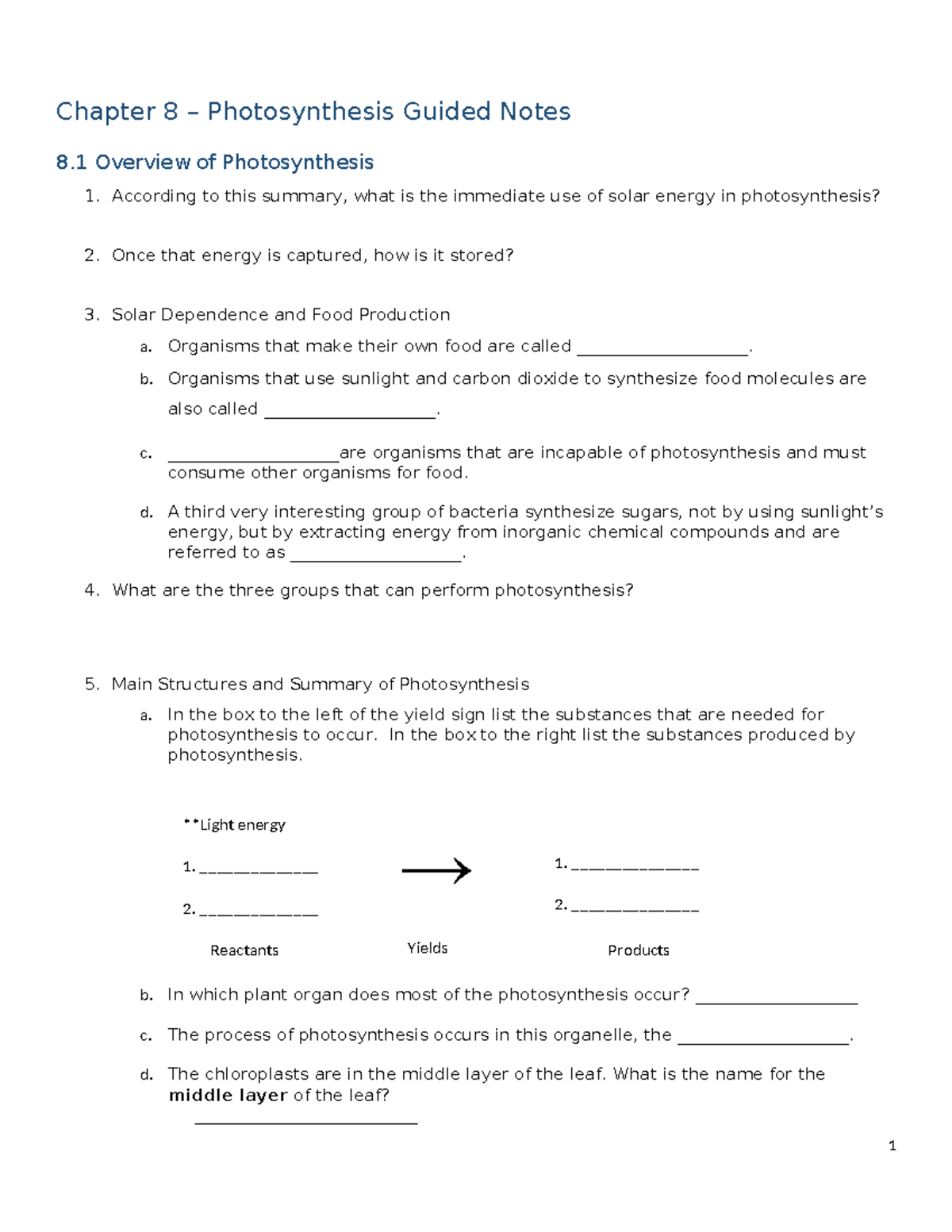 Guided Notes on Photosynthesis: Chapter 8 Overview and Key Concepts ...
