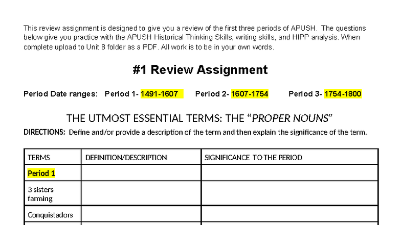 APUSH Review Assignment: Periods 1-3 Key Terms & Themes Analysis - Studocu
