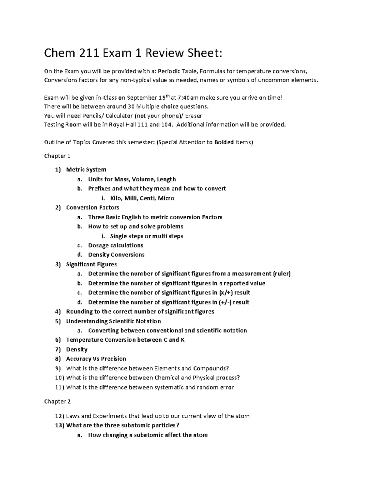 Chem 211 Exam 1 Review Sheet: Comprehensive Study Guide - Studocu
