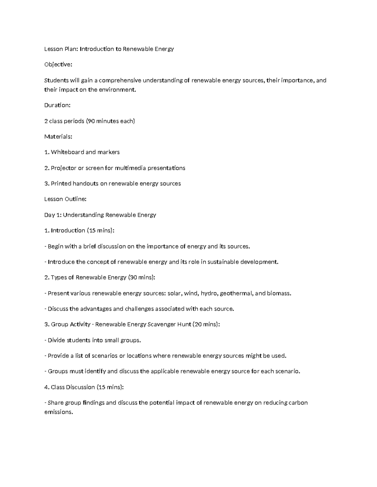 Lesson Plan - Introduction to Renewable Energy - ESSAY - Studocu