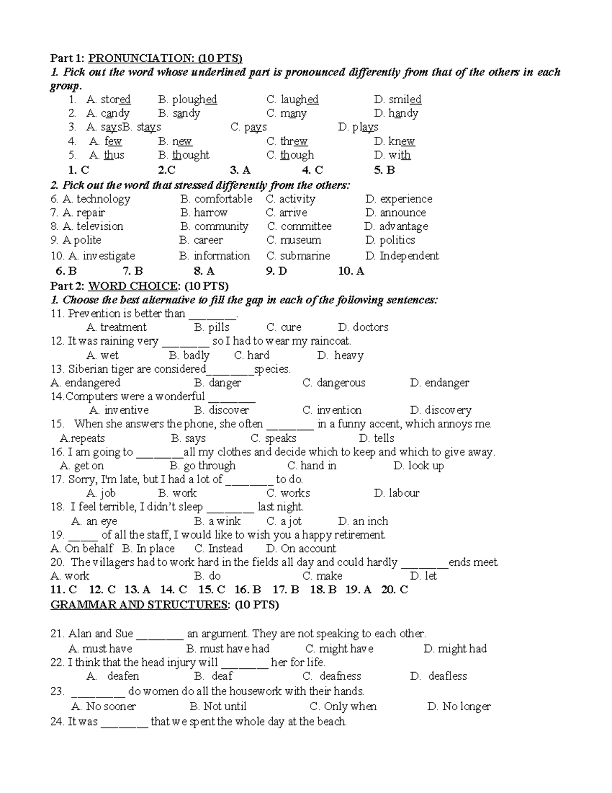 Anh 10 - Pronunciation, Word Choice, Grammar, and Reading Comprehension ...