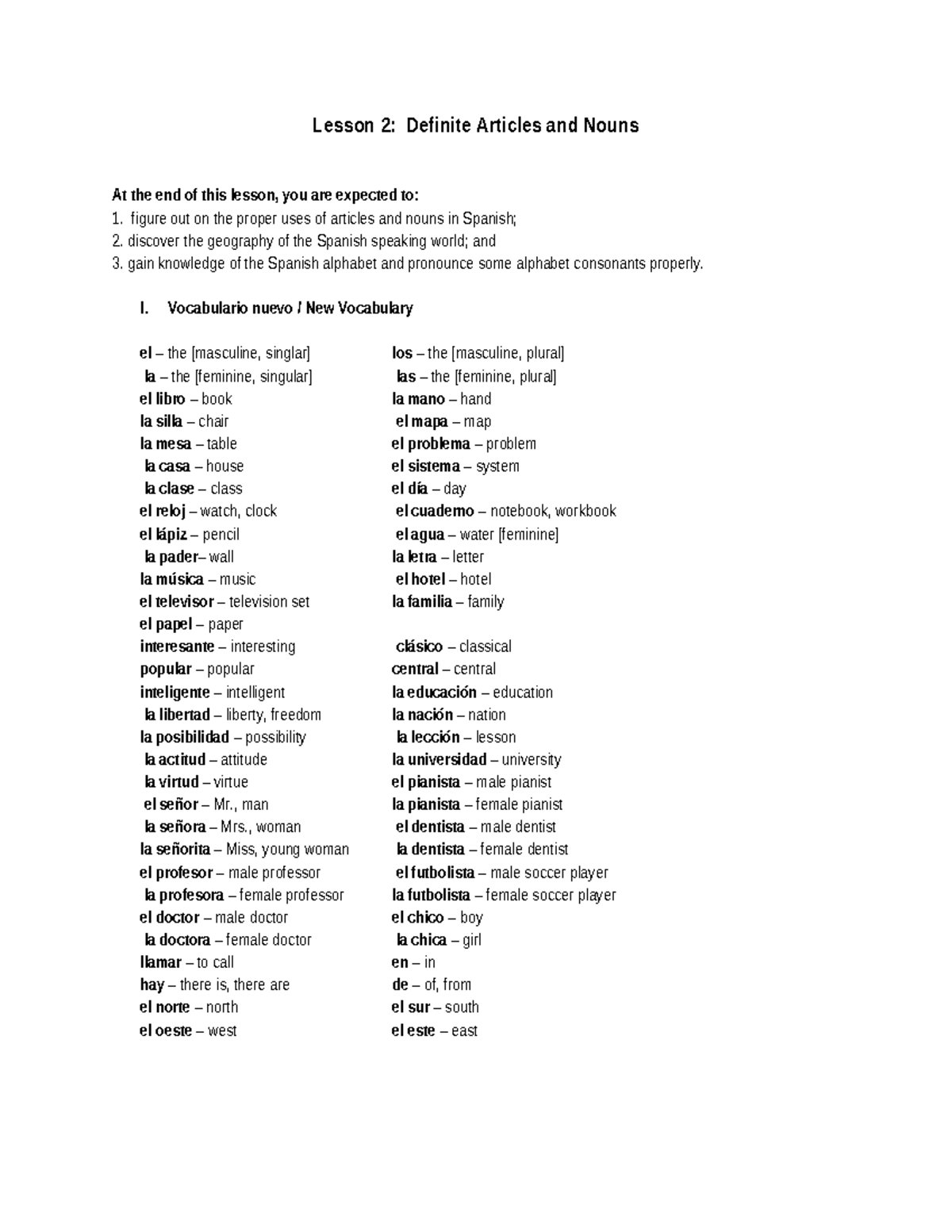 Lesson 2-spanish - Basic Spanish lecture - Lesson 2: Definite Articles ...