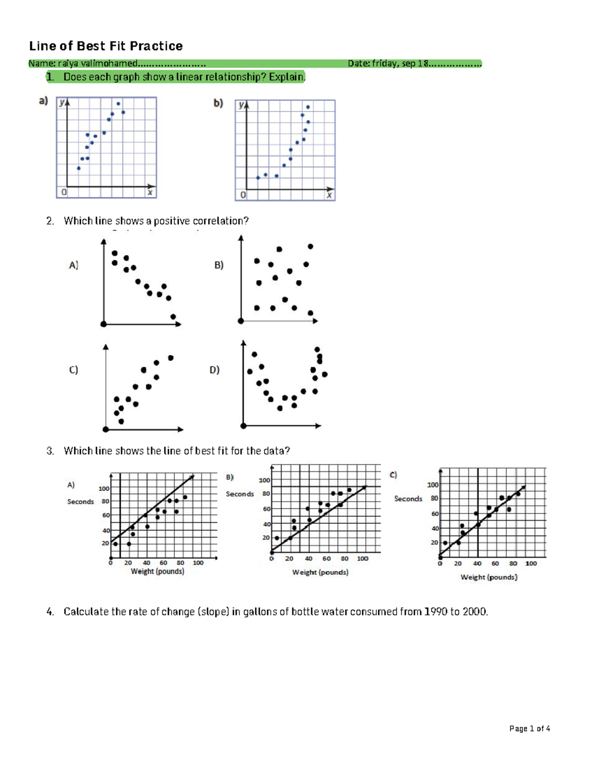 Line of Best Fit Practice - Analysis and Correlation Questions - Studocu