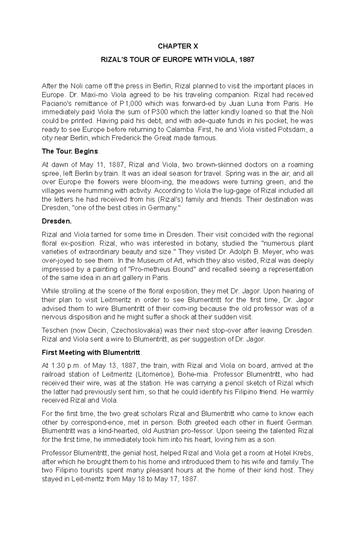 Chapter-X-XII - Chapter 10-12 of Rizal - CHAPTER X RIZAL'S TOUR OF EUROPE WITH VIOLA, 1887 After ...