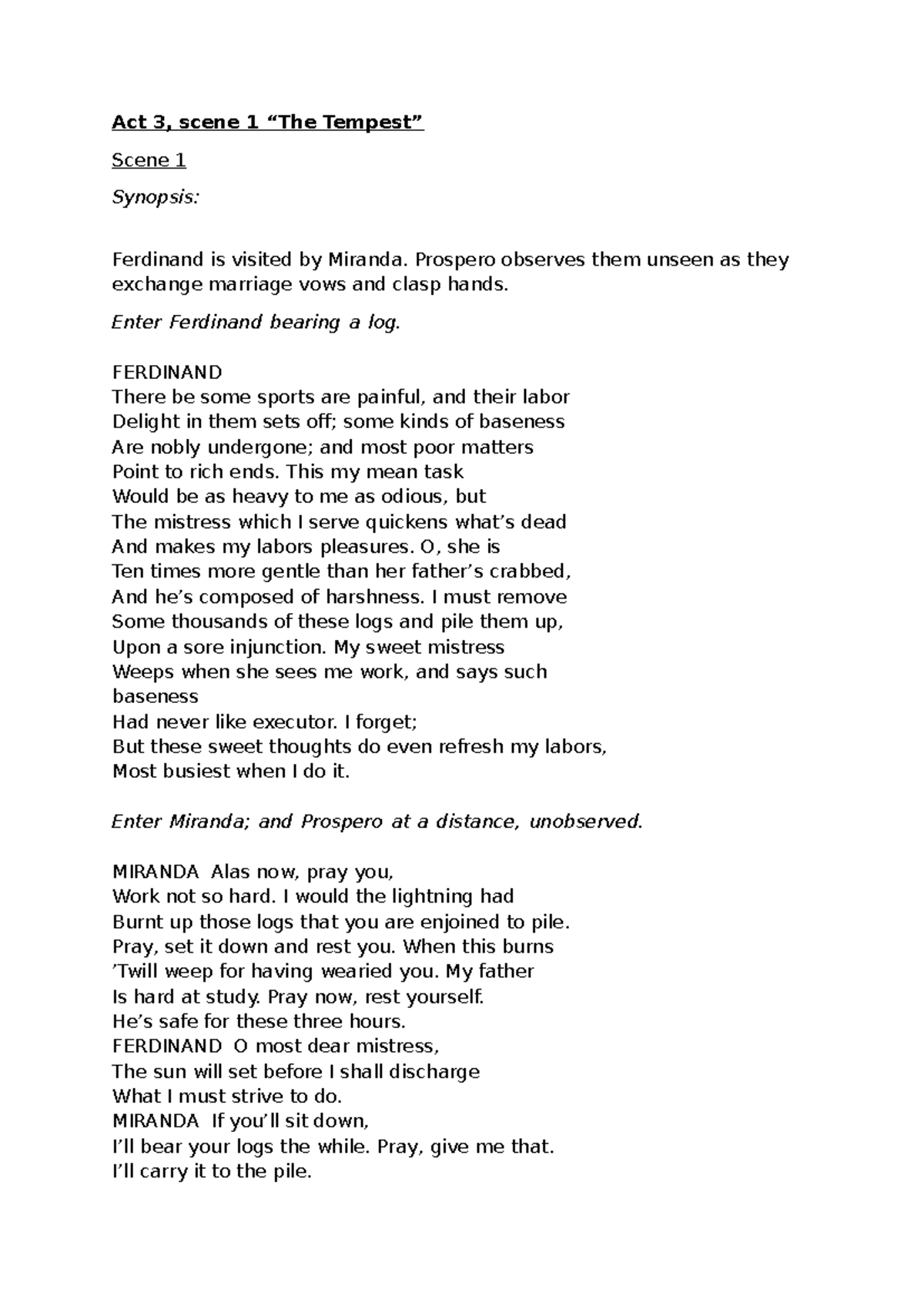 The Tempest: Act 3, Scene 1 Summary and Analysis - Studocu
