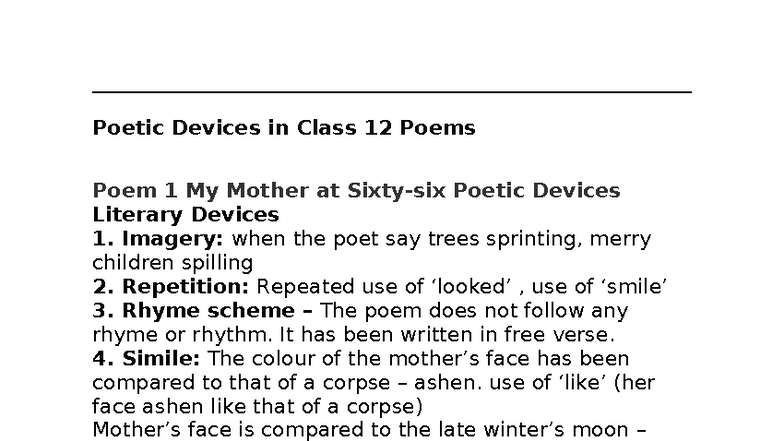 Poetic Devices in Class 12: Analysis of Key Poems - Studocu