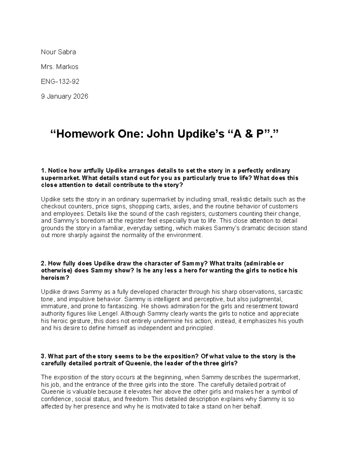 Homework One: Analyzing John Updike's "A & P" - Studocu