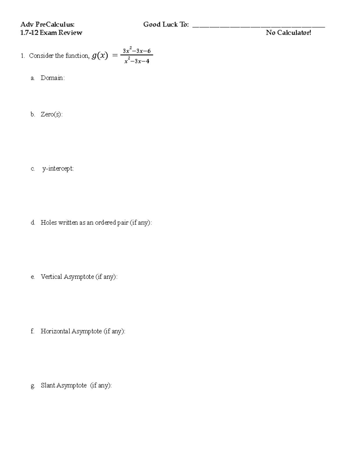 Adv PreCalculus 1.7-12: Exam Review - No Calculator! - Studocu