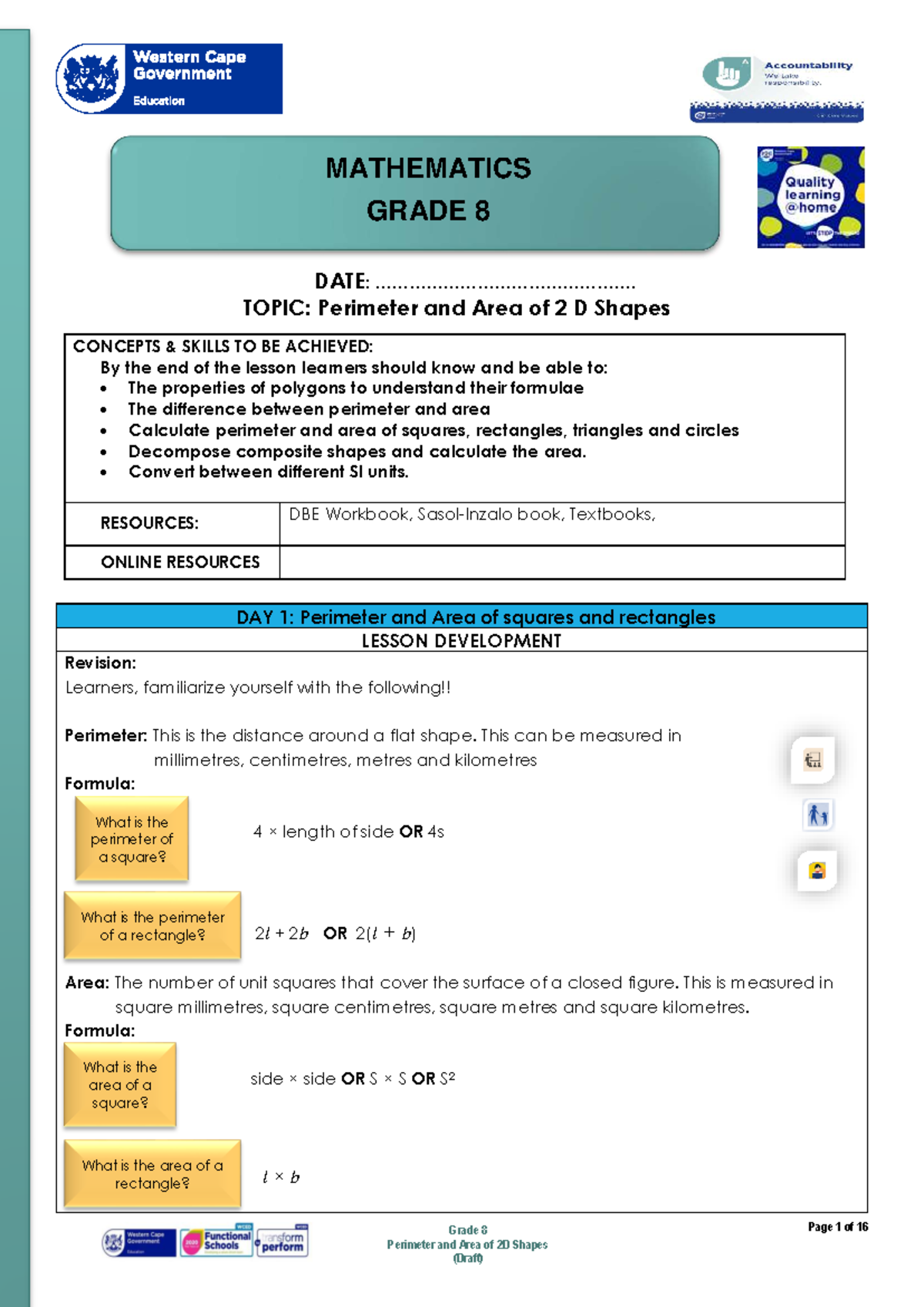 Grade 8 Mathematics: Perimeter and Area of 2D Shapes Lesson Plan - Studocu