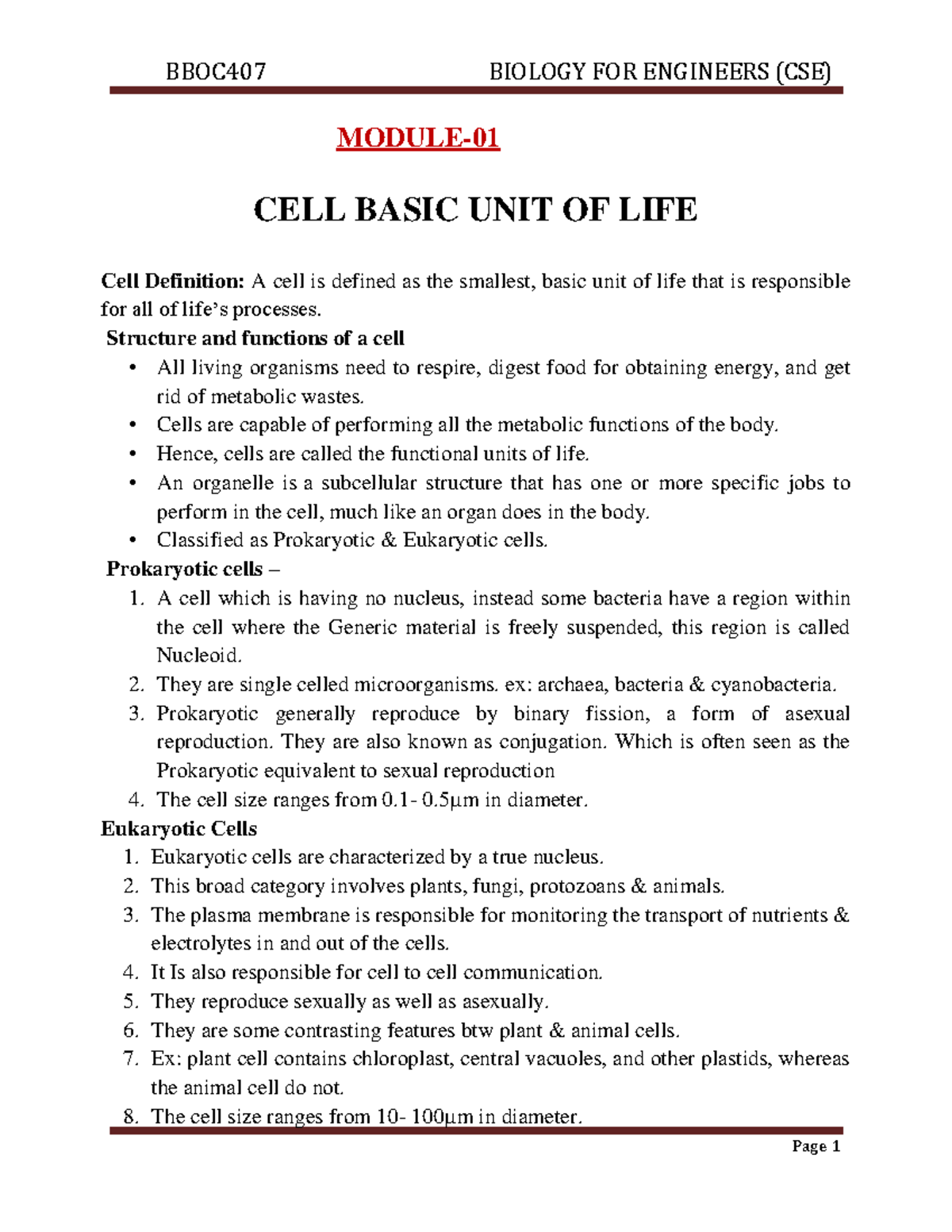Biology Module 1: Understanding Cells and Their Functions - Studocu