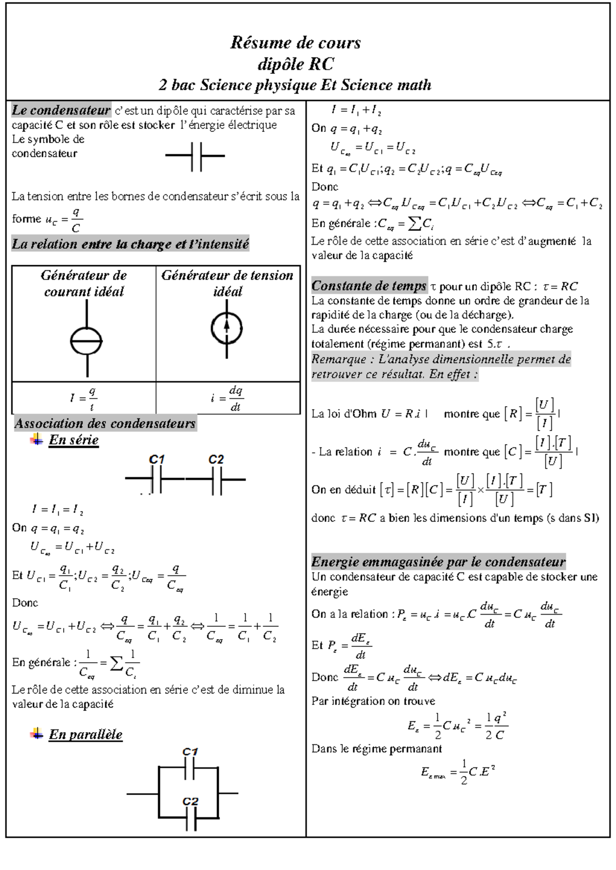 Résumé 1 : Dipôle RC - Cours de Physique 2 Bac - Studocu