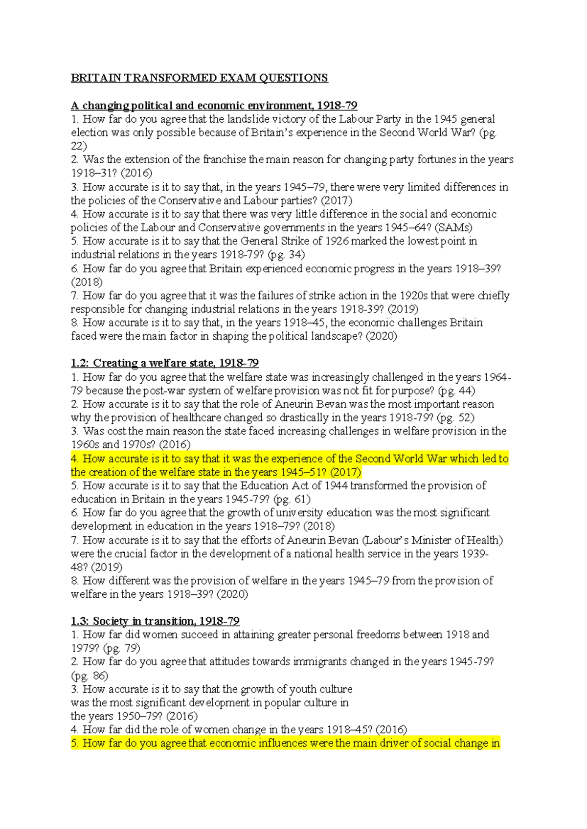 Britain Transformed EXAM Questions - BRITAIN TRANSFORMED EXAM QUESTIONS ...