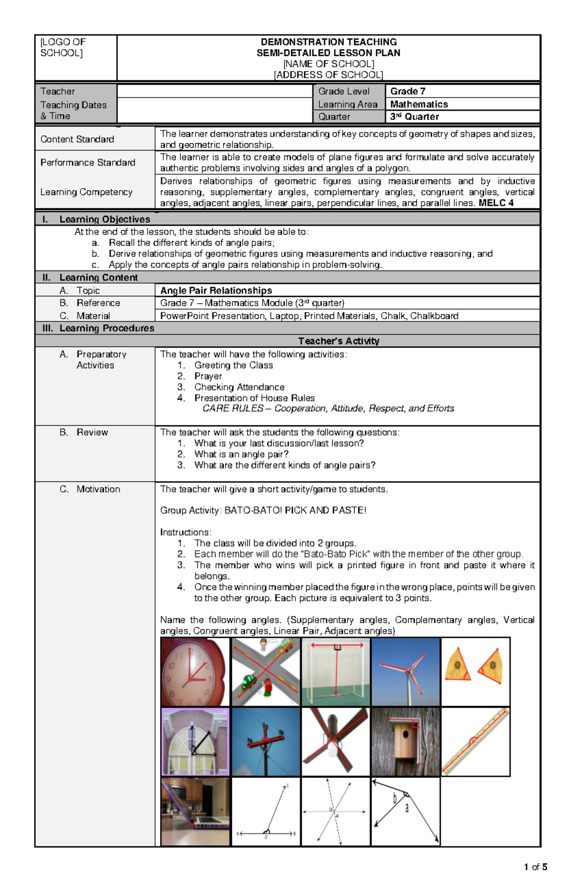 Math 7 Sample Semi-detailed Lesson Plan - [LOGO OF SCHOOL ...