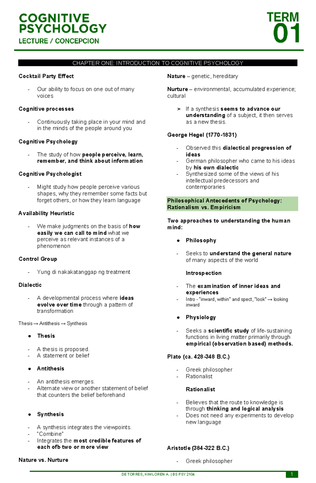 BS PSY 2104: Cognitive Psychology - Chapter 1 Overview and Key Concepts - Studocu
