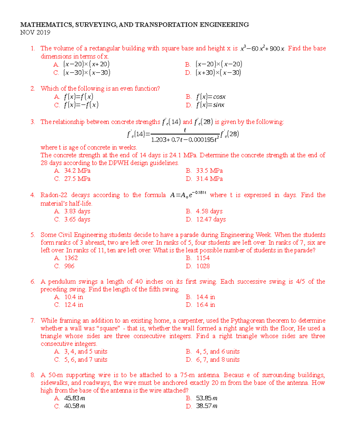 CE 5: Mathematics & Engineering Principles - Nov 2019 Exam Review - Studocu
