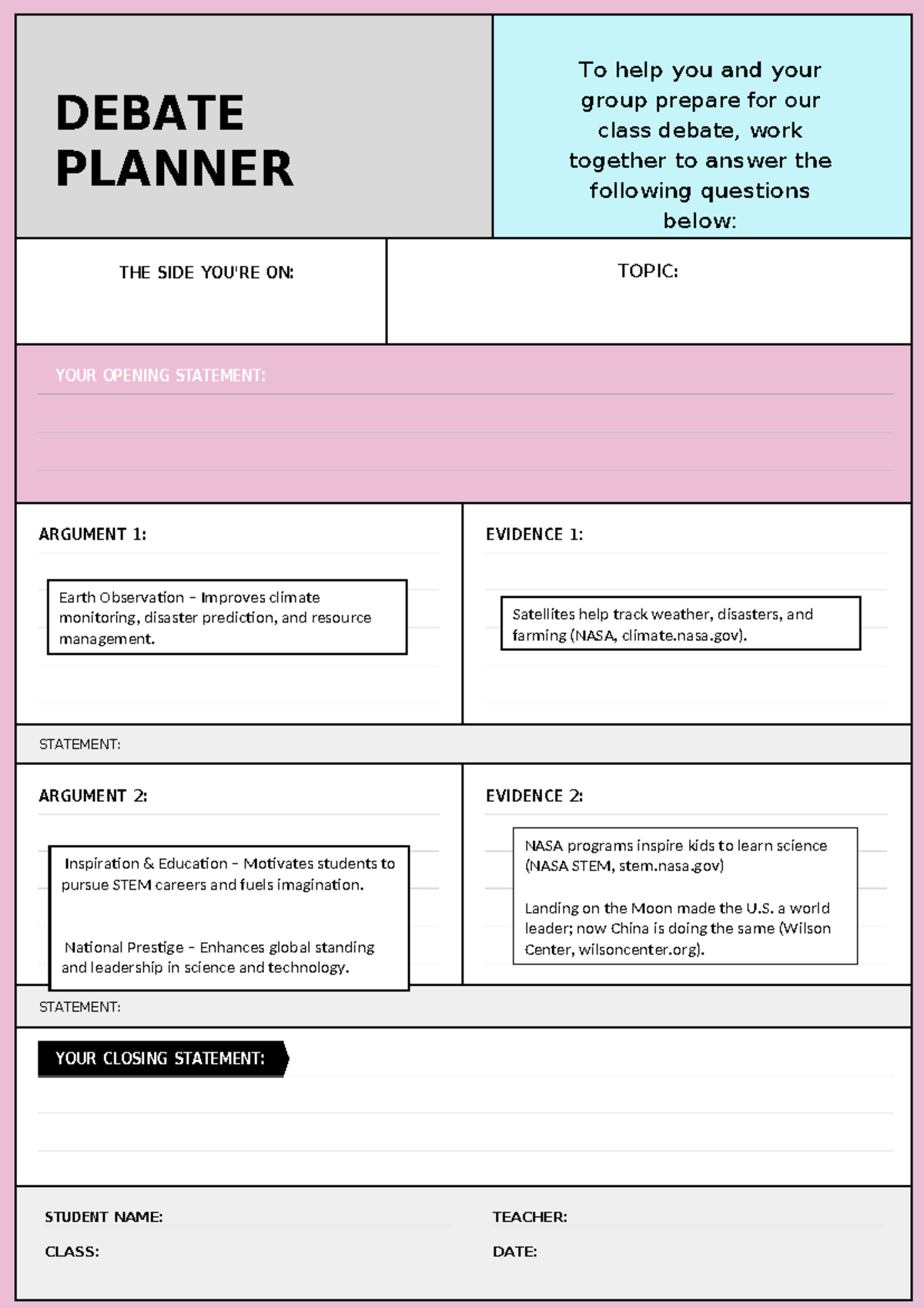 DEBATE PLANNER: PREPARATION FOR CLASS DEBATE ON CLIMATE & STEM - Studocu