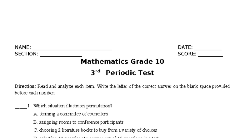 Mathematics Grade 10 3rd Periodic Test - Permutations & Combinations ...
