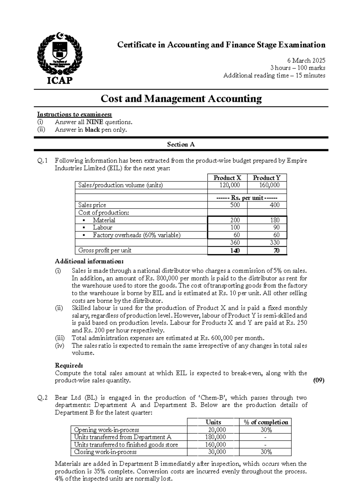 CAF 3 CMA Spring 2025 - Cost and Management Accounting Exam Guide - Studocu