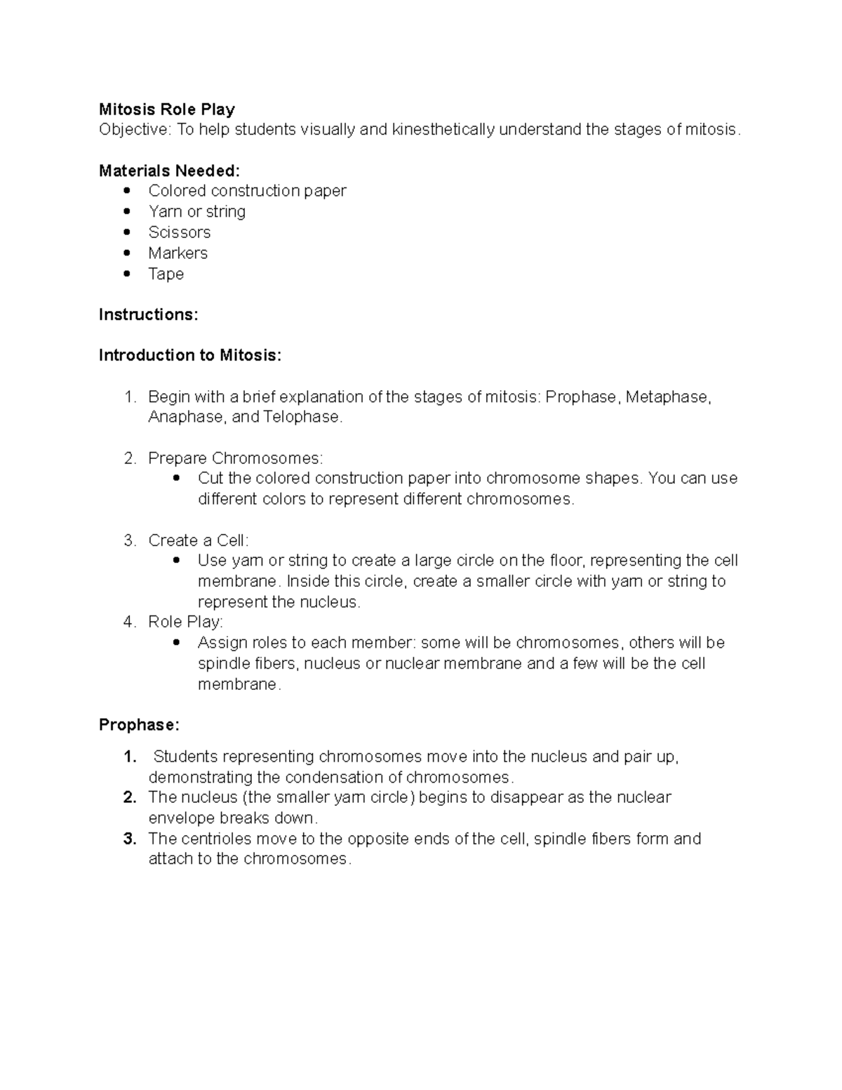 Mitosis Role Play - Objective: To help students visually and ...