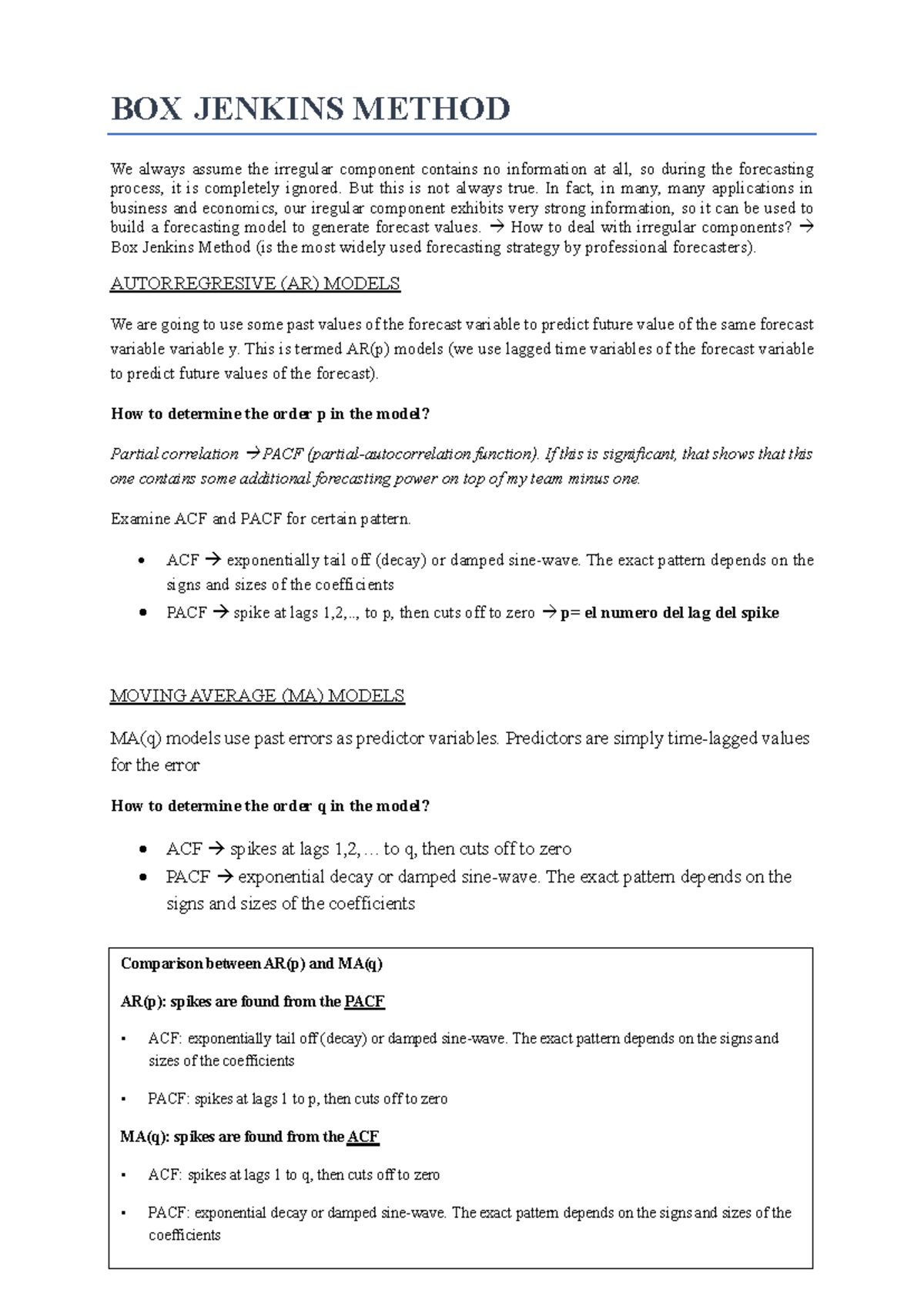 Box-Jenkins Method - Apuntes - BOX JENKINS METHOD We always assume the ...