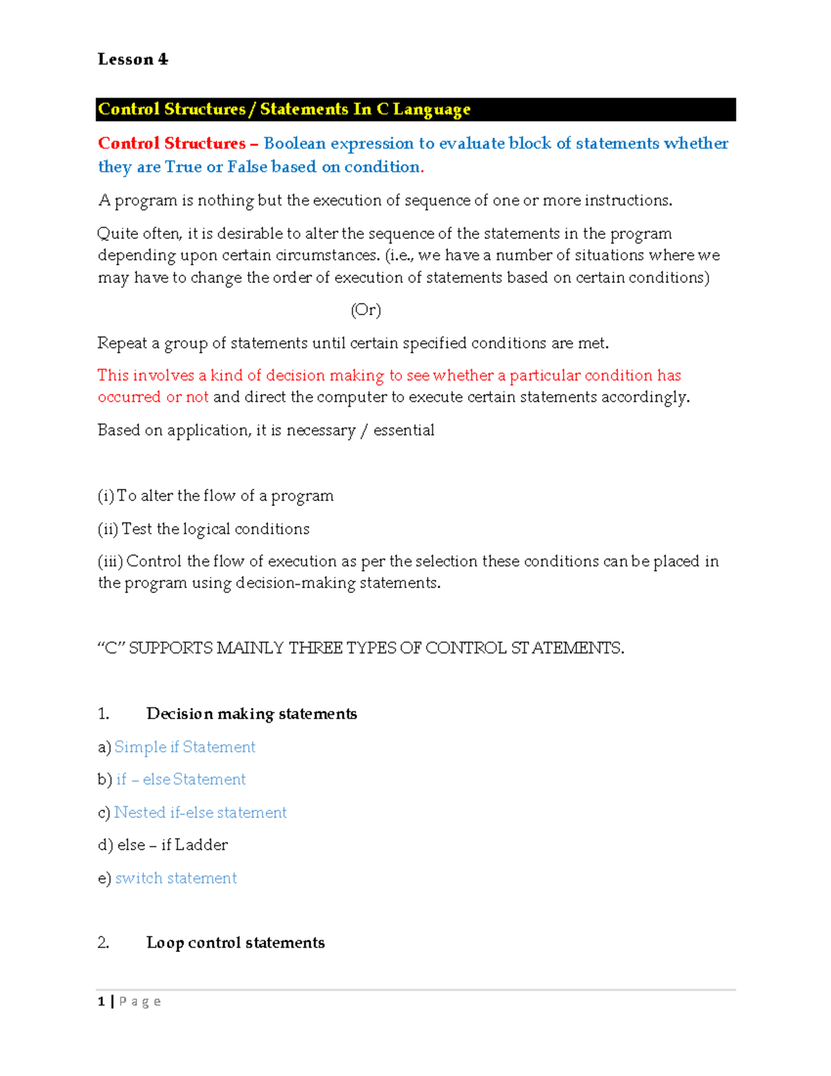 Lesson 4 Control flow - Control Structures / Statements In C Language ...