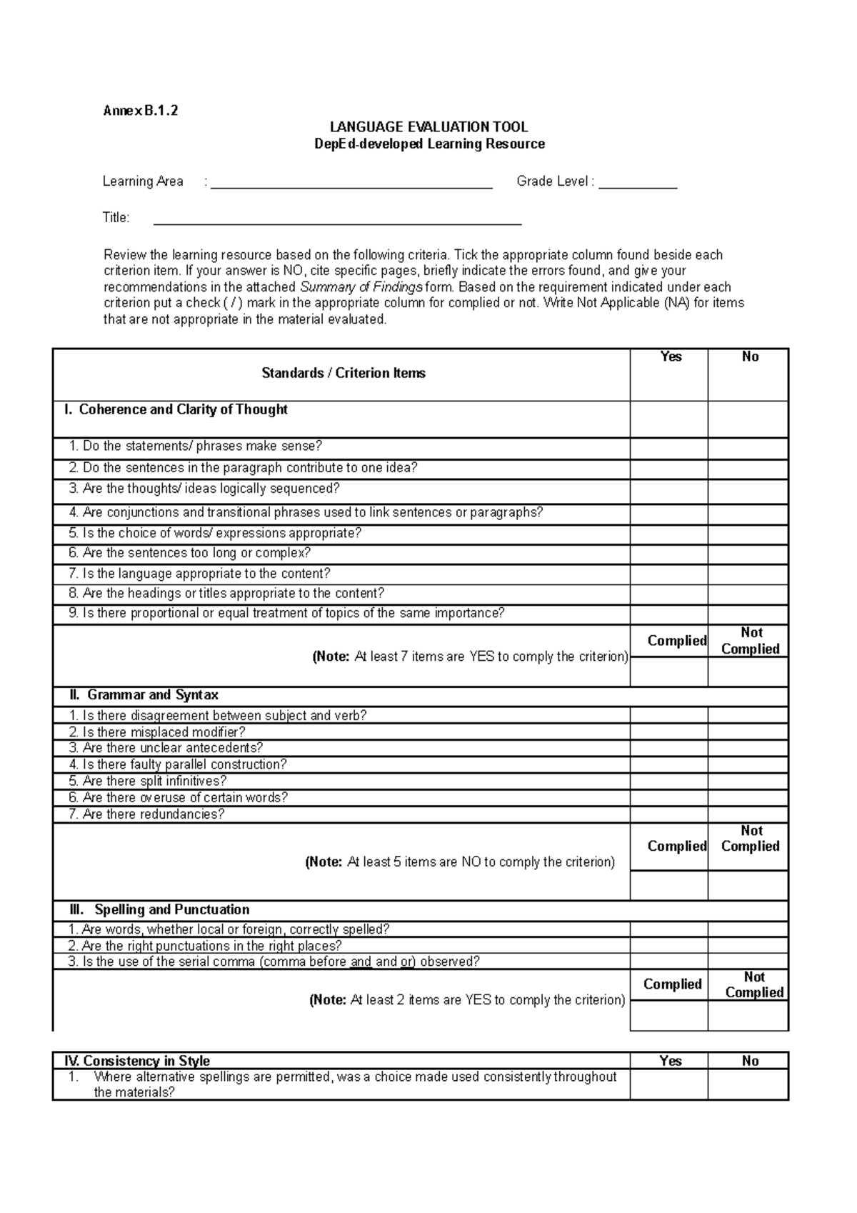 Evaluation TOOL FOR Language - Annex B. LANGUAGE EVALUATION TOOL DepEd ...
