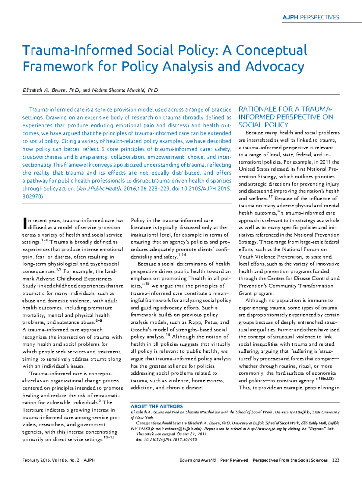 AJPH PERSPECTIVES: Trauma-Informed Social Policy Framework for Advocacy - Studocu