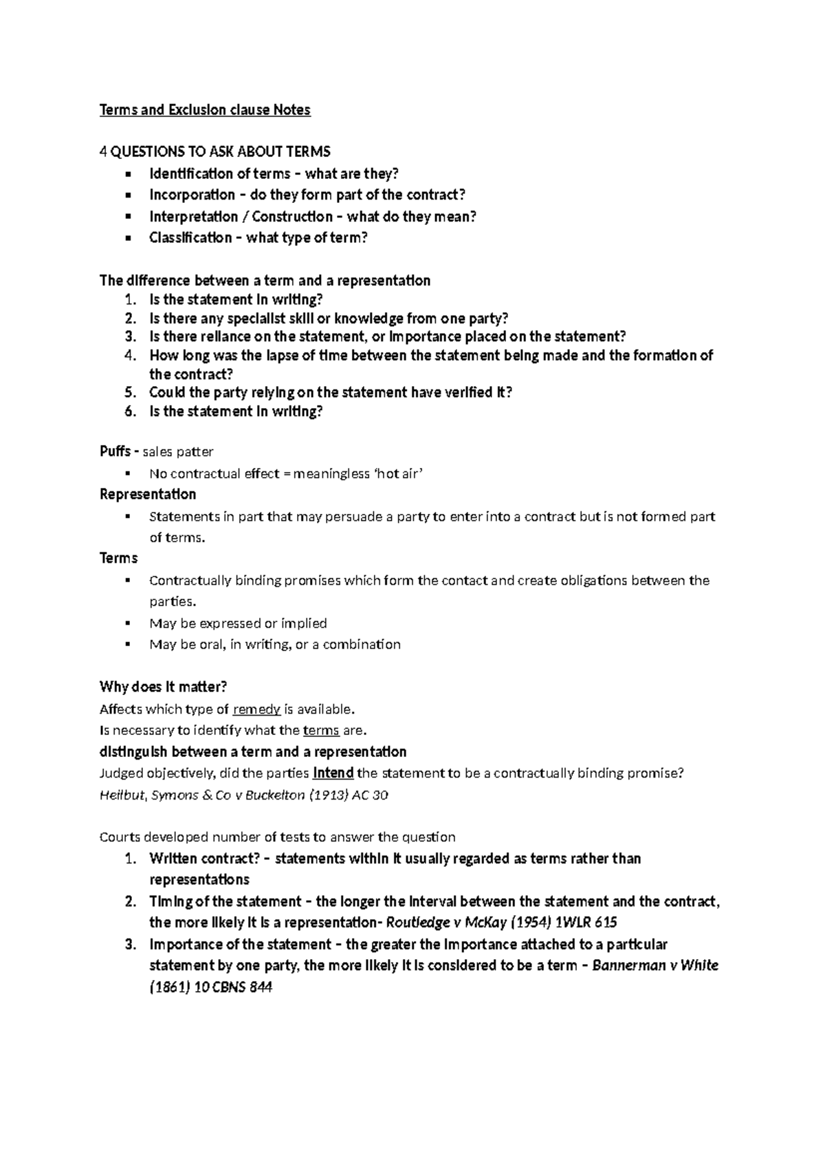 Exclusion Clause Notes: Key Terms and Interpretations for Law 101 - Studocu