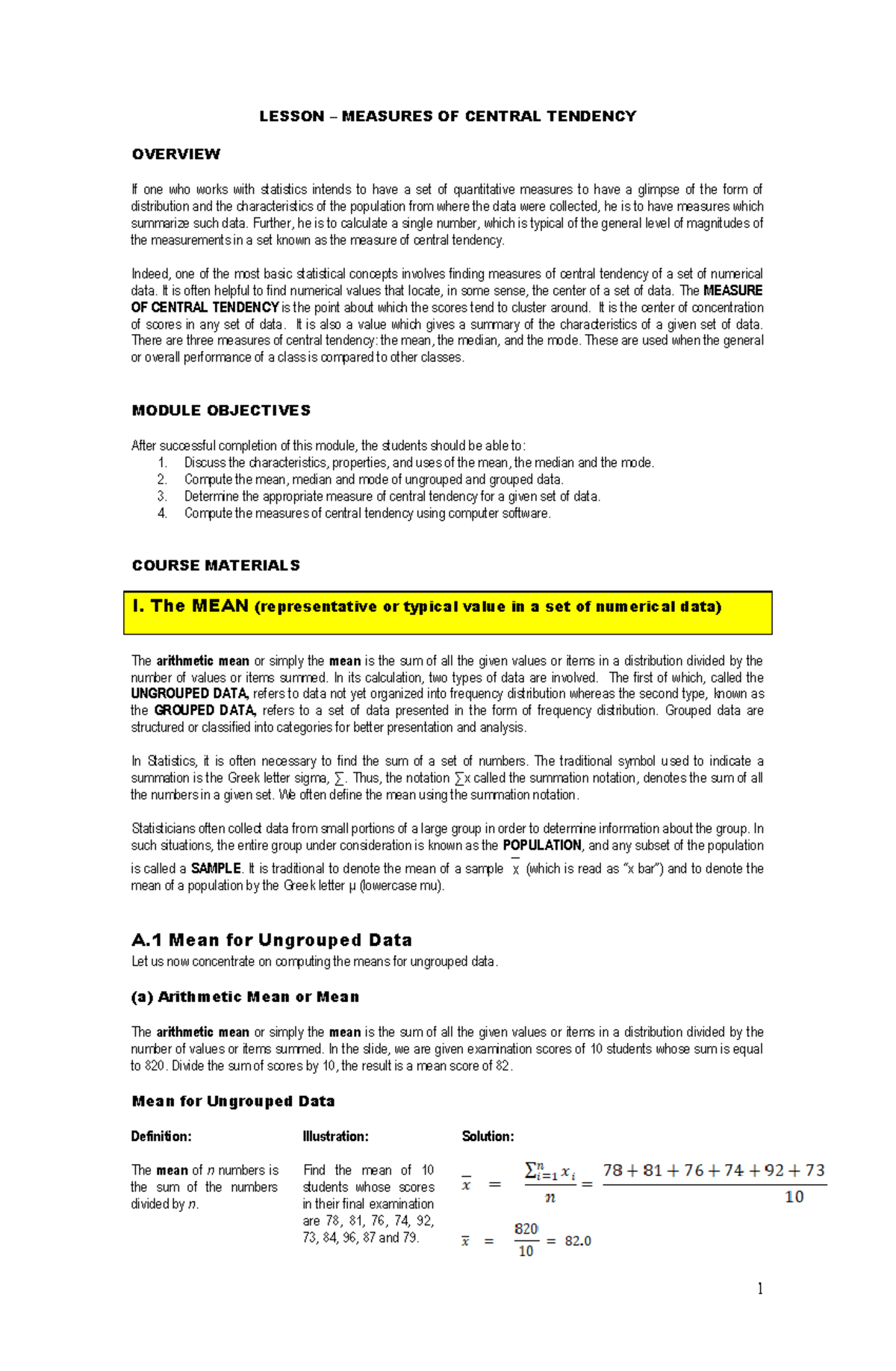 (2.1e) Central Tendency Part 1 Edt 5 (Stdt) 2 - LESSON – MEASURES OF ...