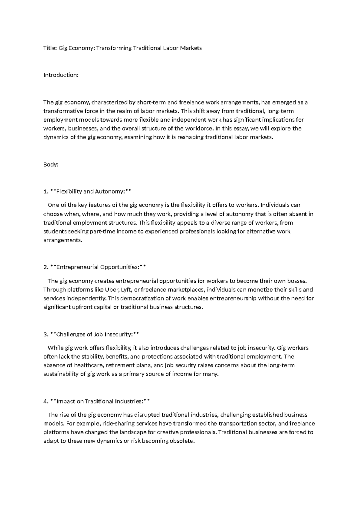 6Essay: The Impact of the Gig Economy on Traditional Labor Markets ...