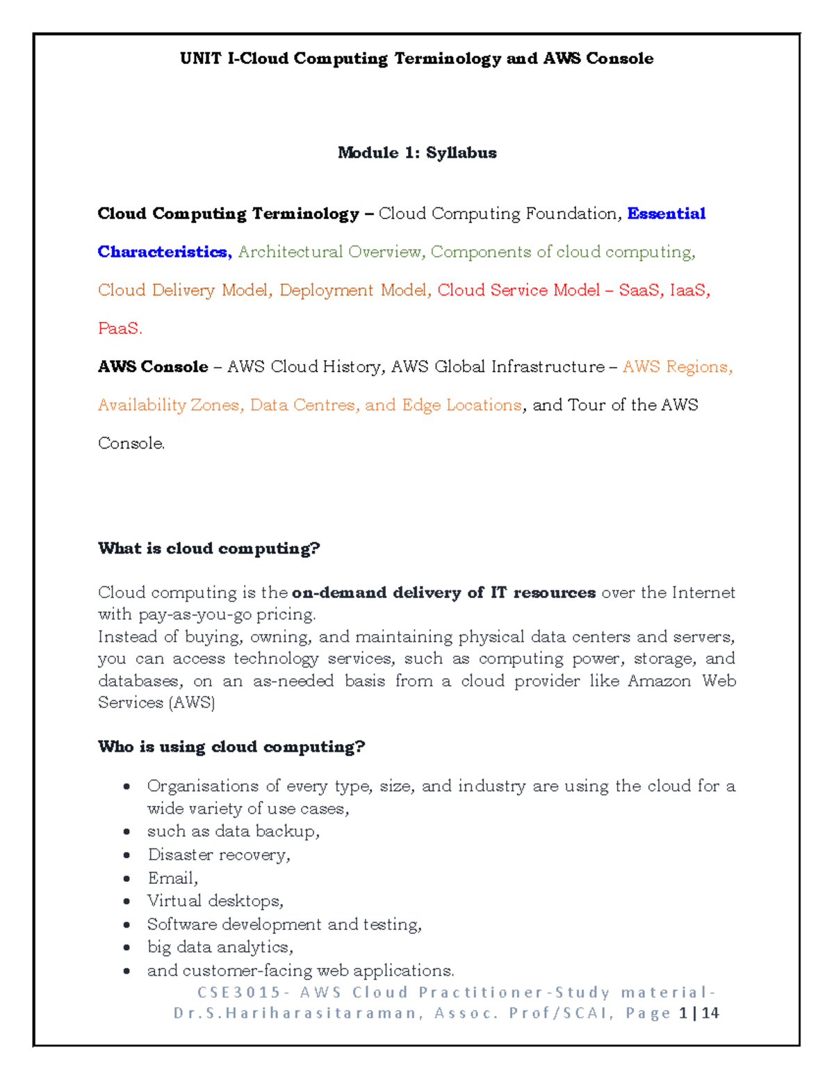 CSE3015 UNIT I: Cloud Computing Terminology & AWS Console Overview - Studocu