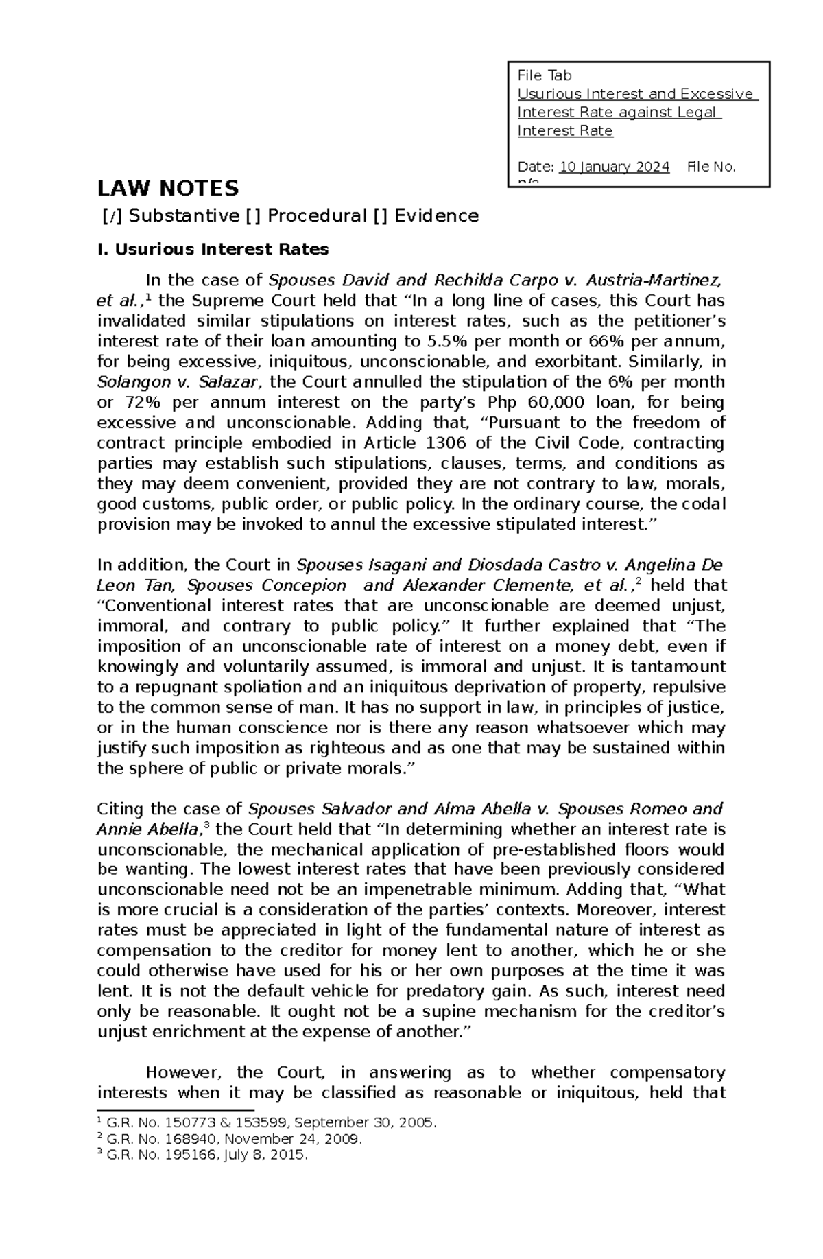 Law Notes on Usurious & Stipulated Interest Rates (LAW 101) - Studocu