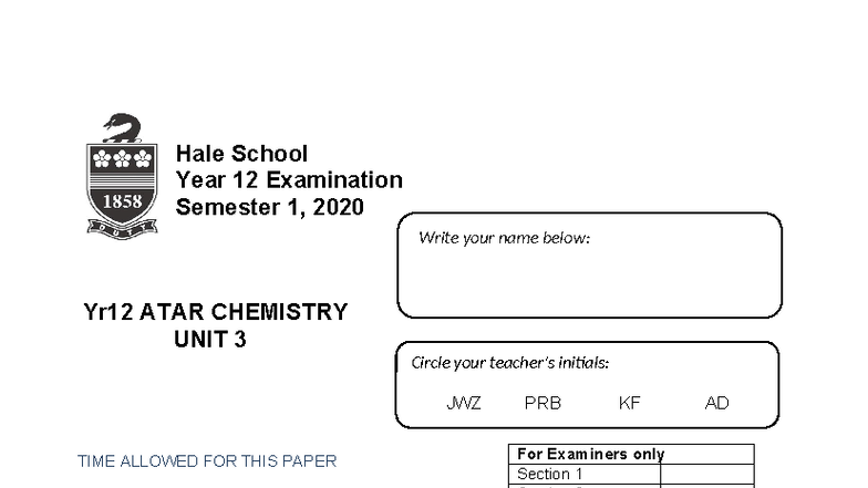 2020 Hale School Year 12 ATAR Chemistry Unit 3 Exam Paper - Studocu