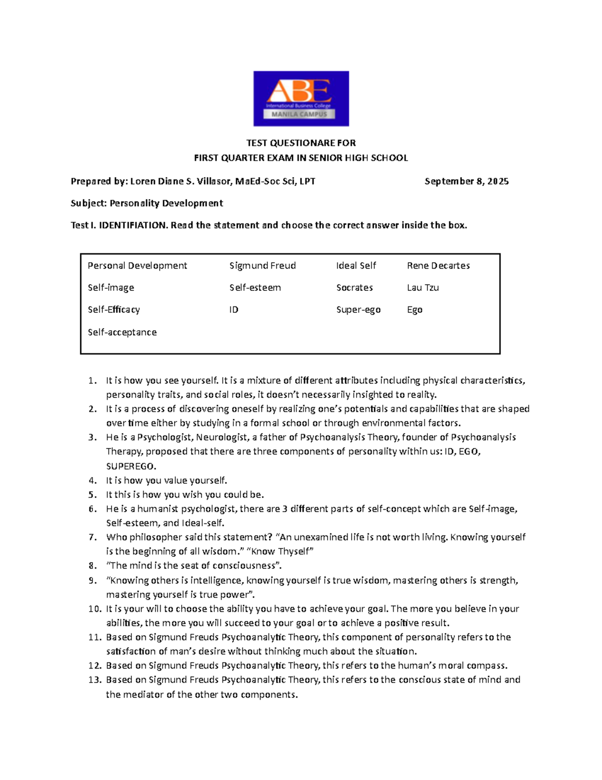 PDEV 101 Q1 Exam: Personality Development Test Questions - Studocu