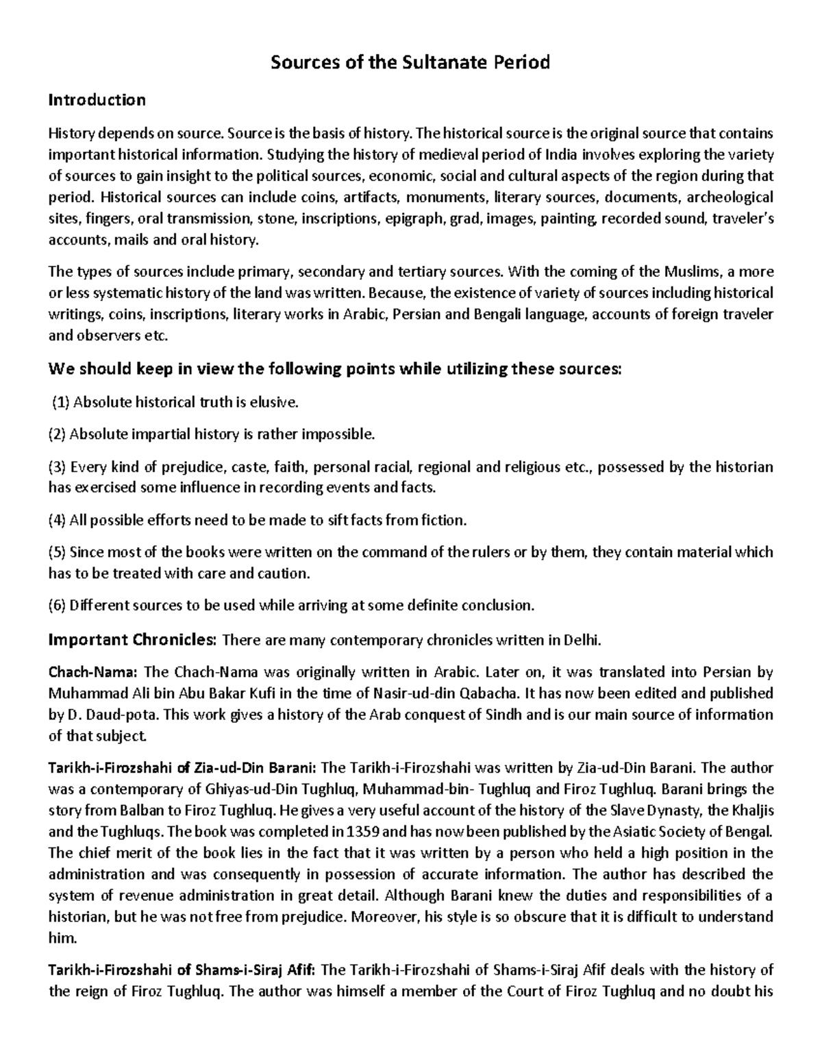 Sources of the Sultanate Period: Historical Insights and Analysis - Studocu