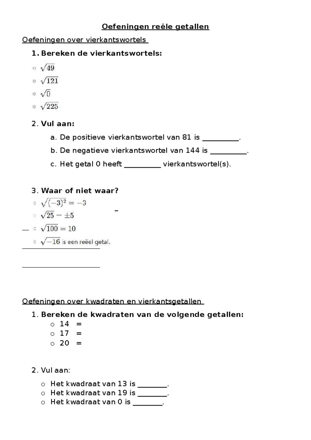Oefeningen Reële Getallen met Verbetersleutel en Oplossingen - Studocu