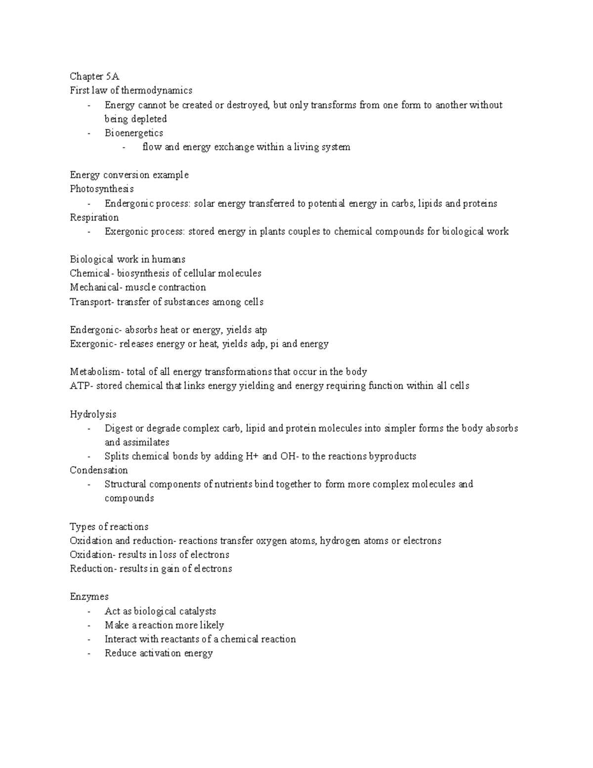 Chapter 5 - Thermodynamics and Enzyme Function in Bioenergetics - Studocu