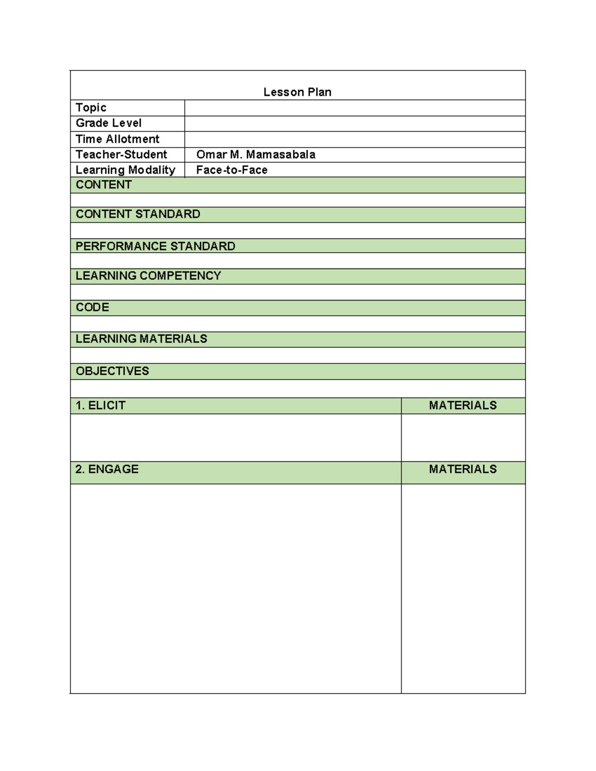 5E's Lesson PLAN Format - Elementary Education - Lesson Plan Topic ...
