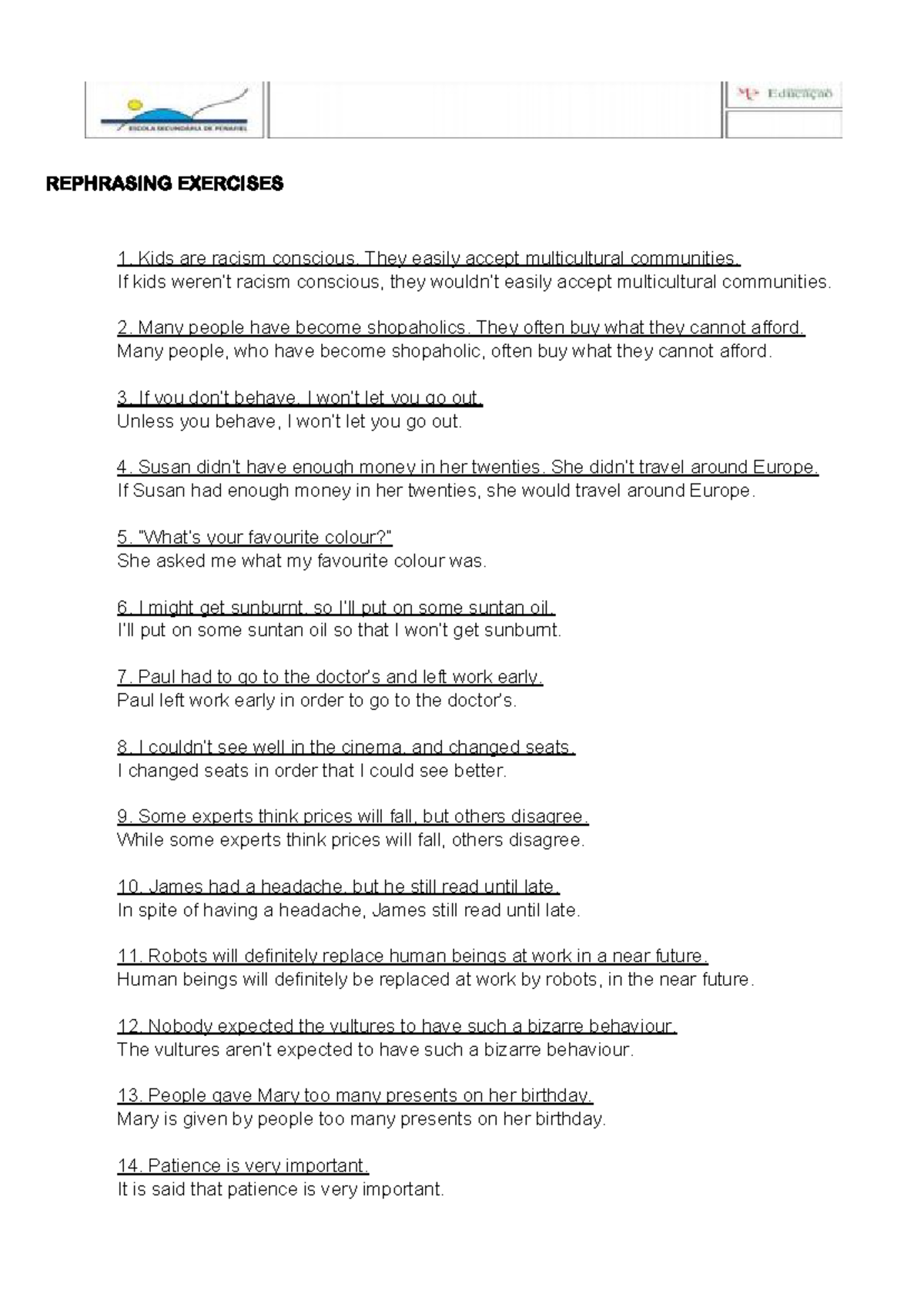 Rephrasing Exercises - English Language Practice - Studocu