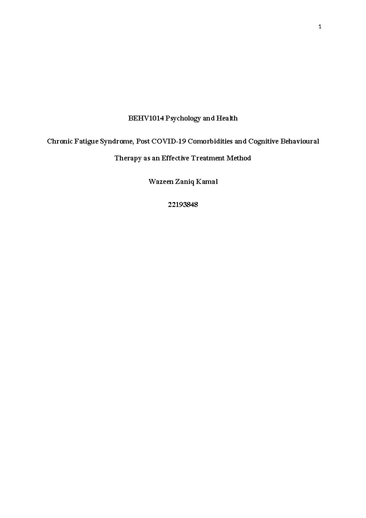 BEHV1014 Final Exam: Chronic Fatigue Syndrome & CBT Treatment Methods ...