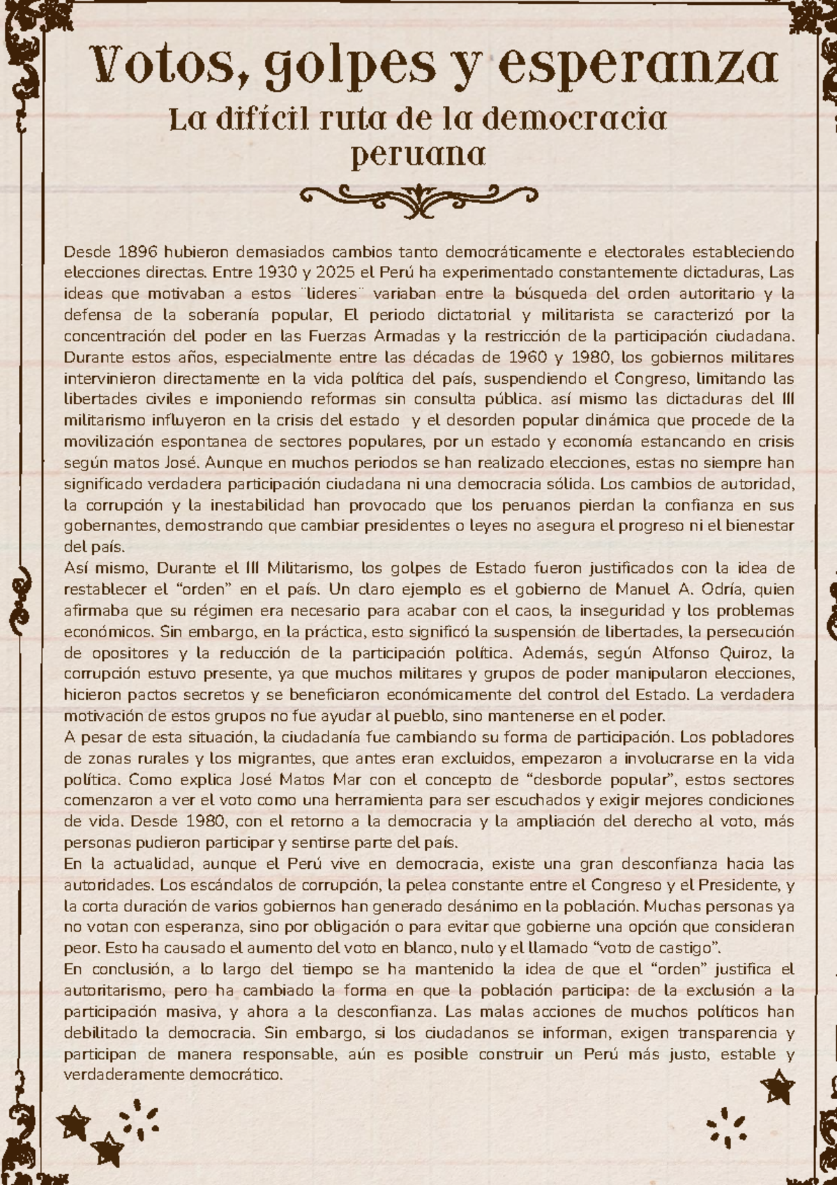Votos, Golpes y Esperanza: La Democracia Peruana (1896-2025) - Studocu