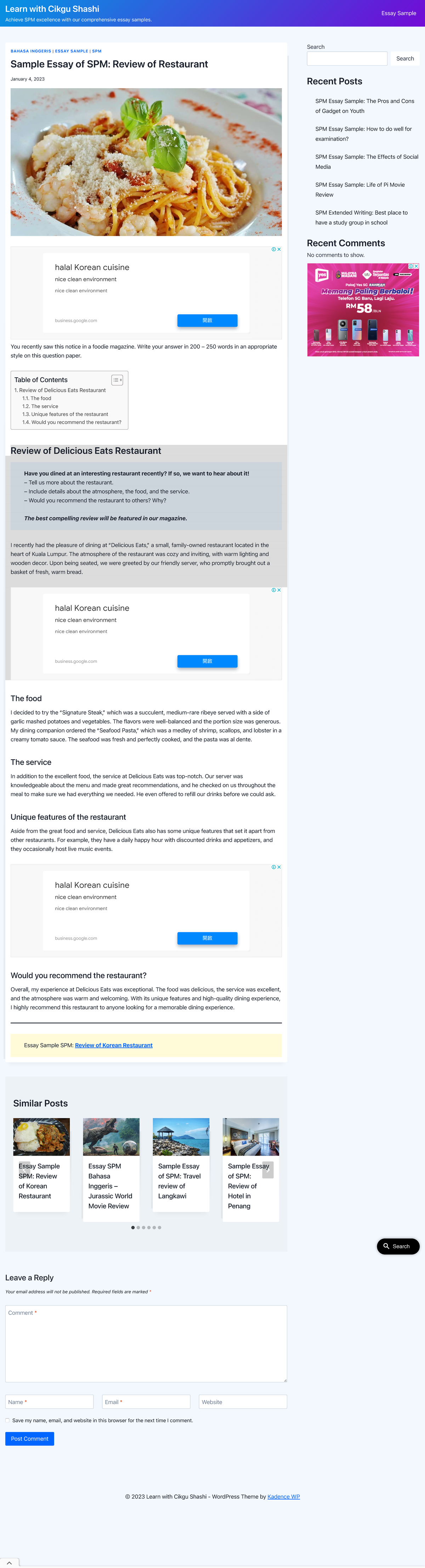 SPM Essay Sample: Review of Delicious Eats Restaurant in KL - Studocu