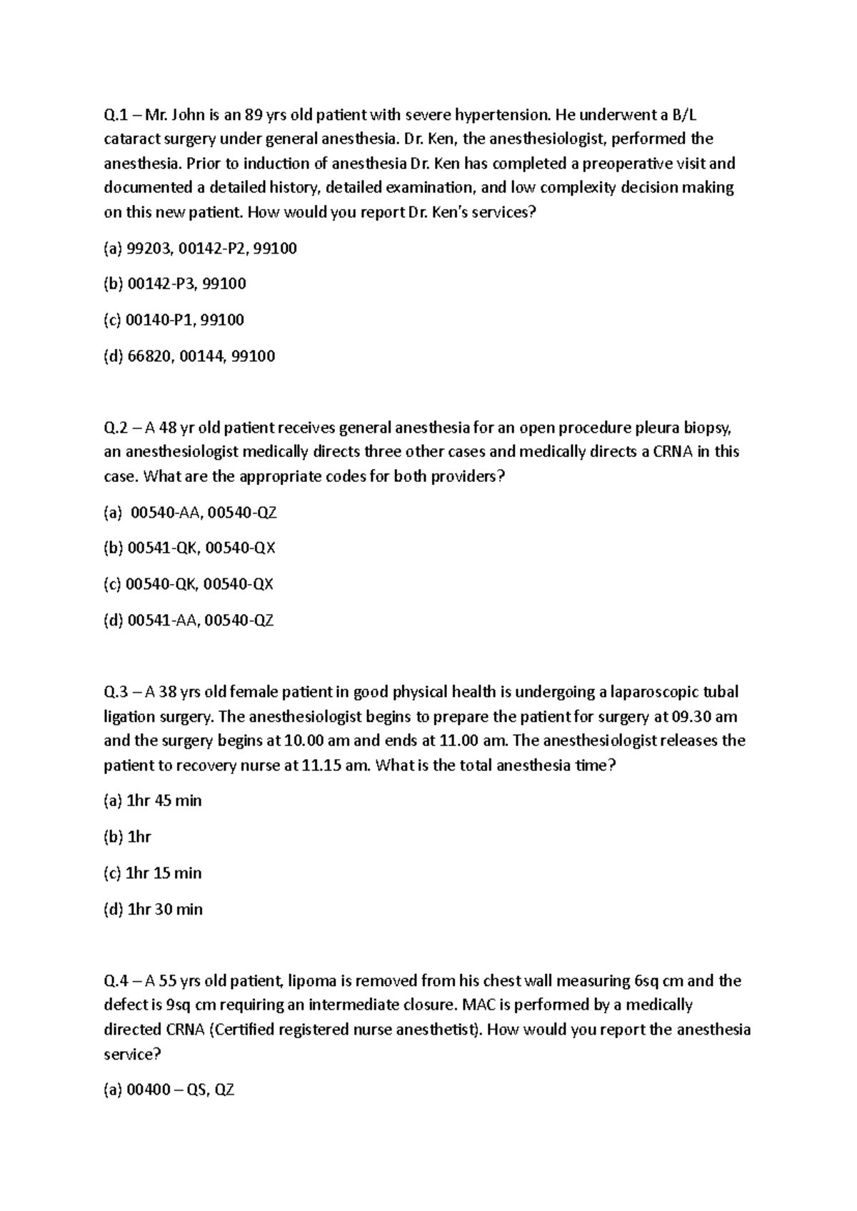 CPT Anesthesia Question Practice Series-0: Code Reporting and Scenarios ...