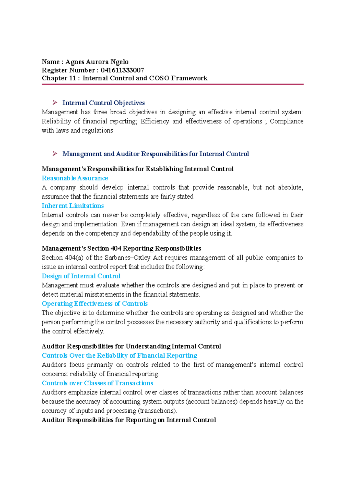 Ch 11: Internal Control Principles & COSO Framework Overview - Studocu