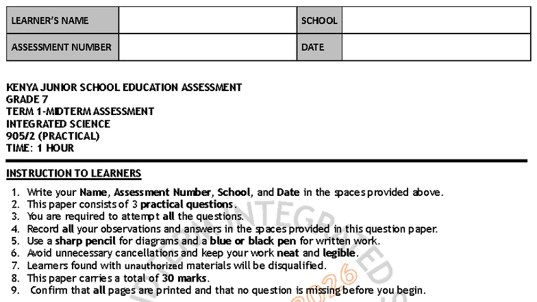 Midterm 1 GRADE 7 MOCK 2026: Integrated Science Practical Assessment ...